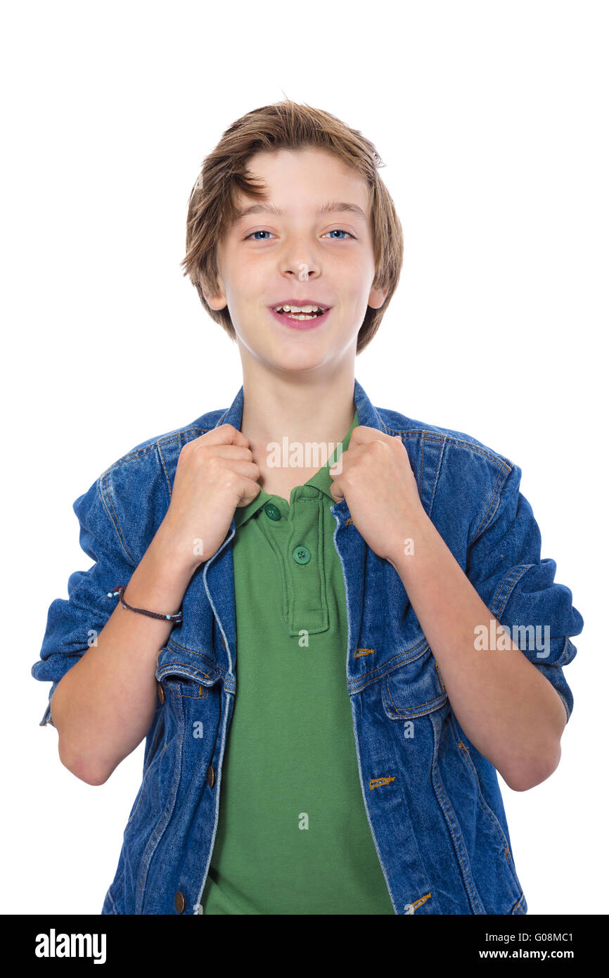 laughing teenage boy with hands on his jacked collar, isolated on white ...