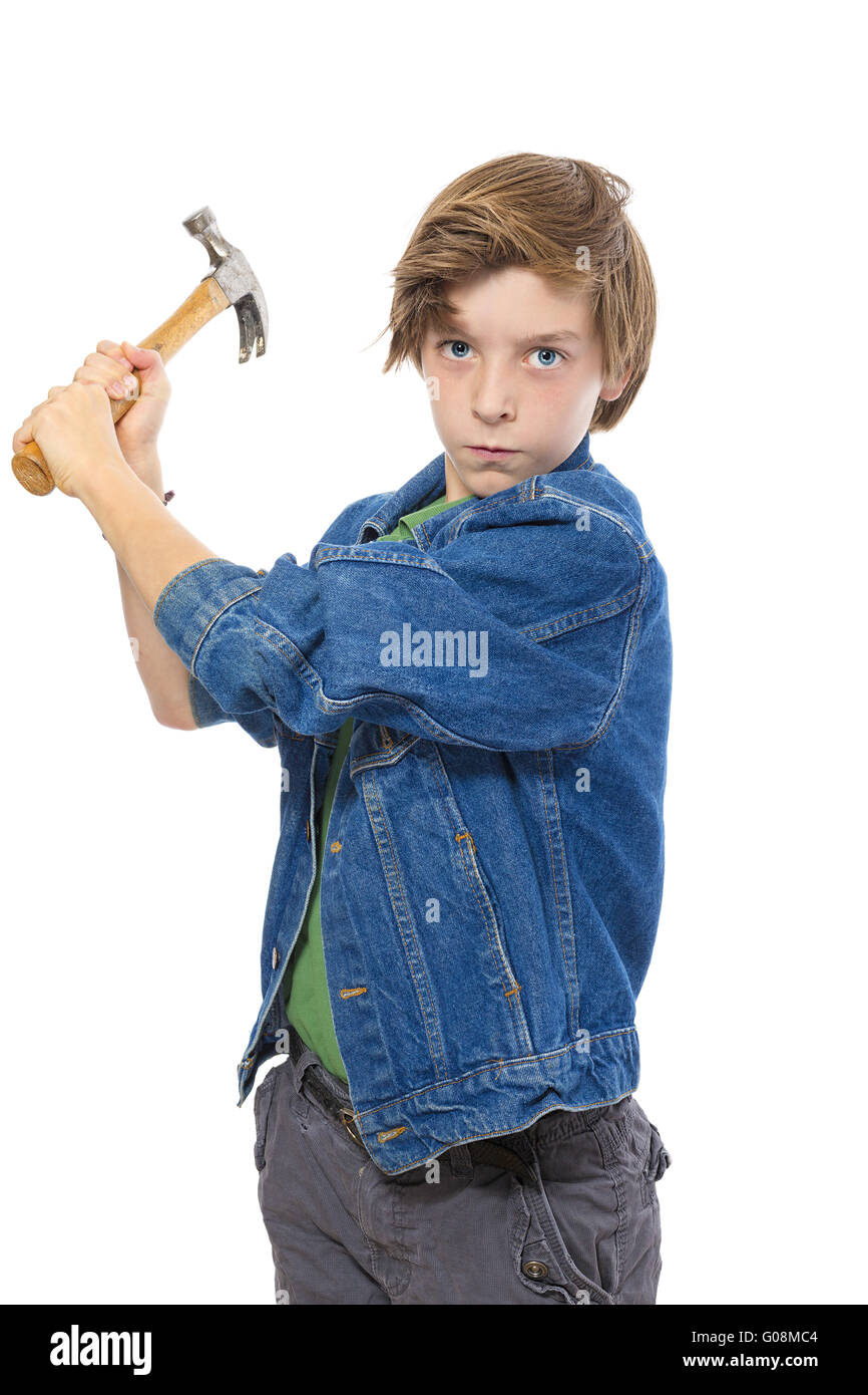 teenage boy holding a hammer ready to hit, isolated on white Stock ...