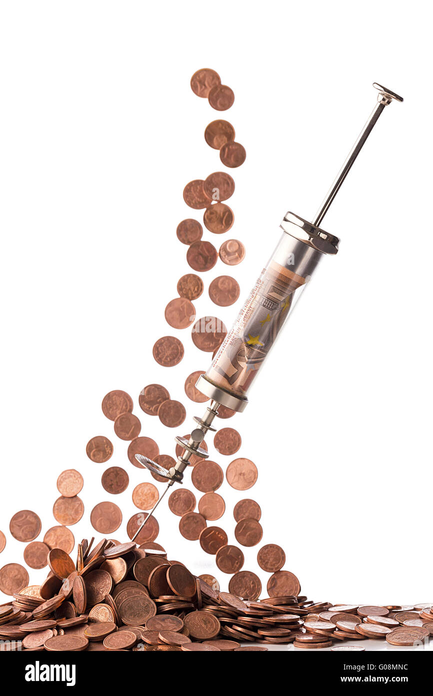 cash injection, 50 euro bill in a vintage injection with falling coins ...