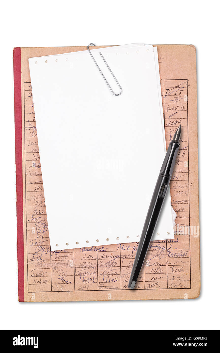 vintage red record with a blank sheet of paper and fountain pen ...