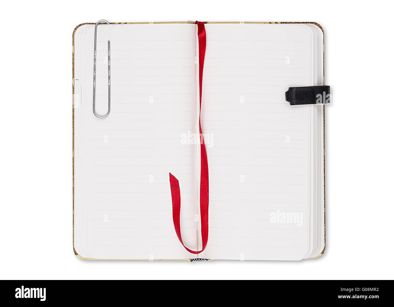 blank page of note book with paper clip and elastic strap isolated on ...