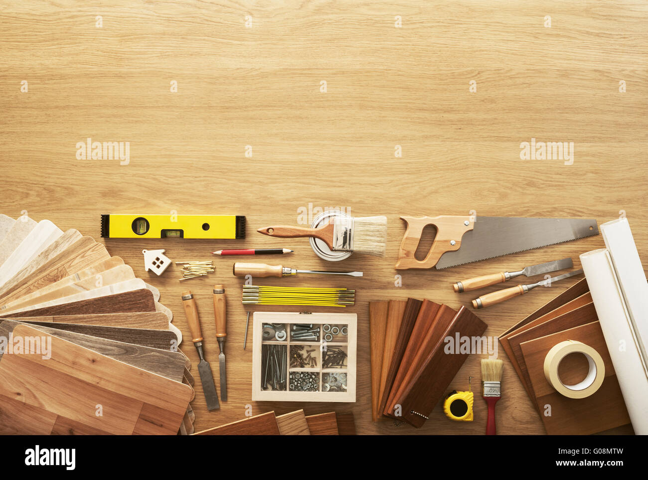 DIY workbench top view with carpentry and construction tools, copy ...