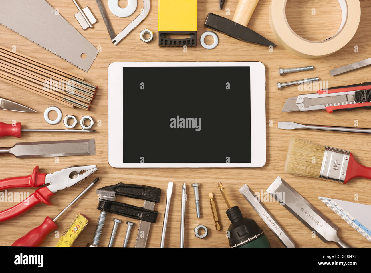 Digital touch screen banner with DIY and work tools all around on a ...