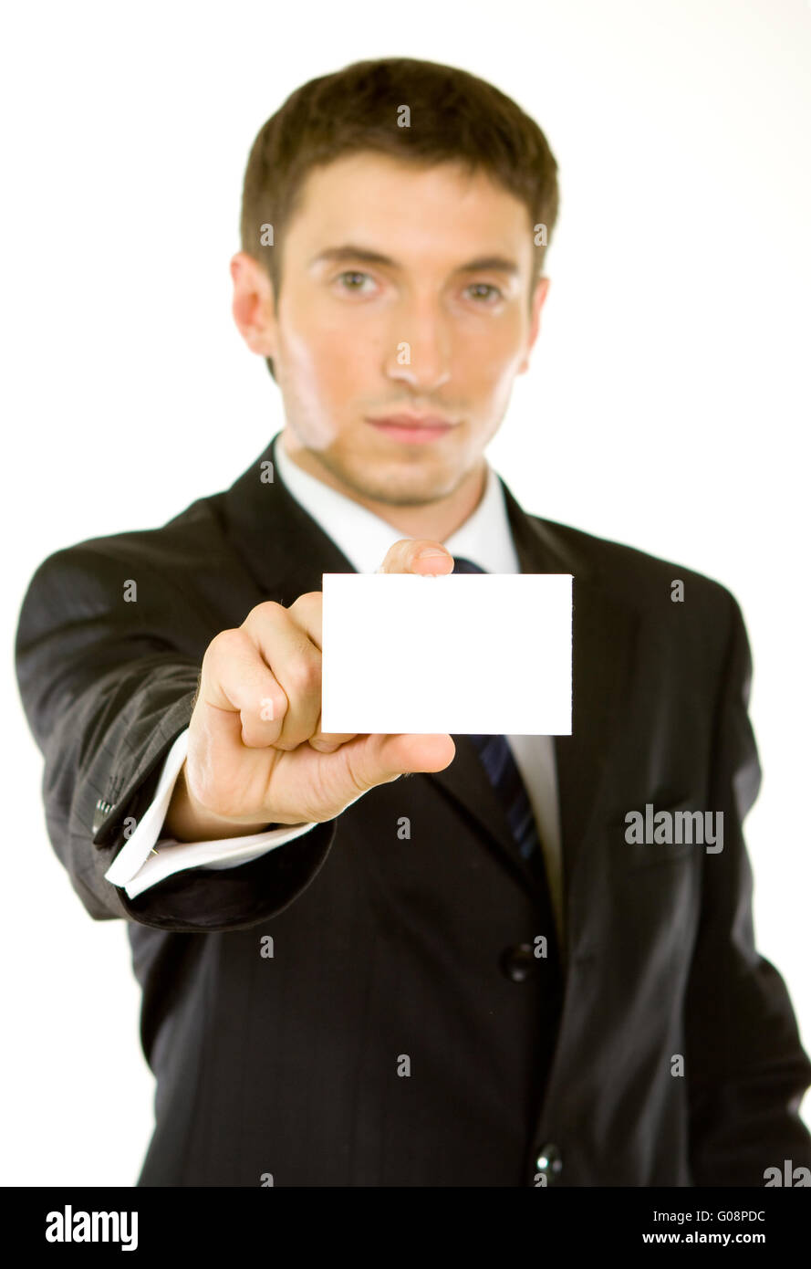 Business man handing a blank business card over white Stock Photo - Alamy