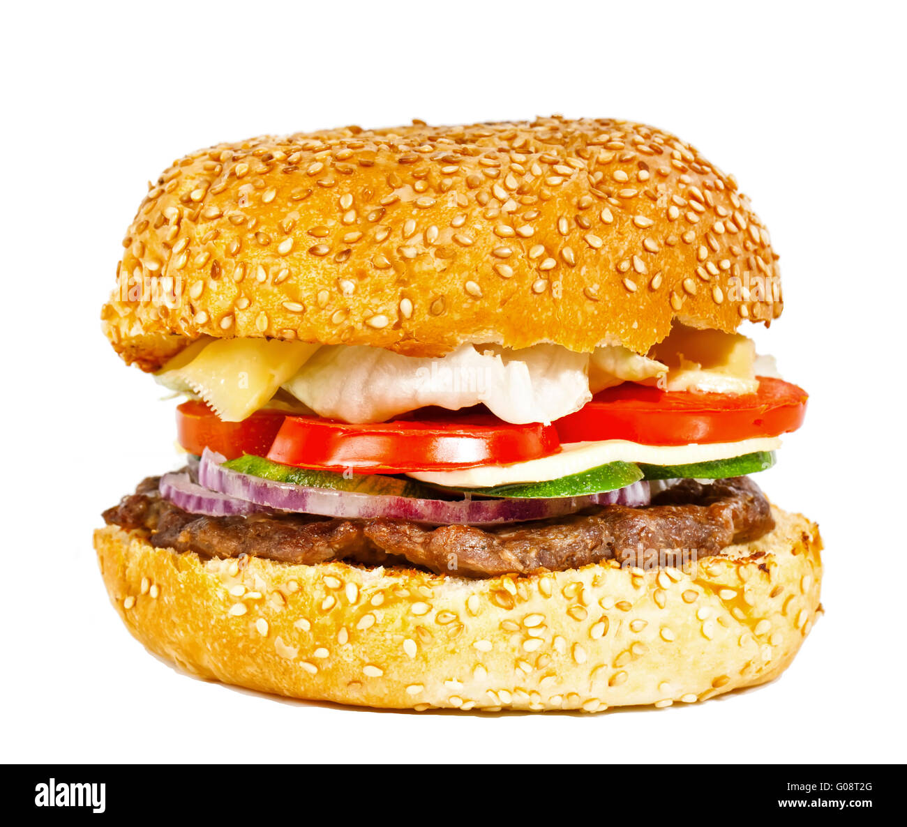 Beef burger with vegetables isolated on white Stock Photo - Alamy