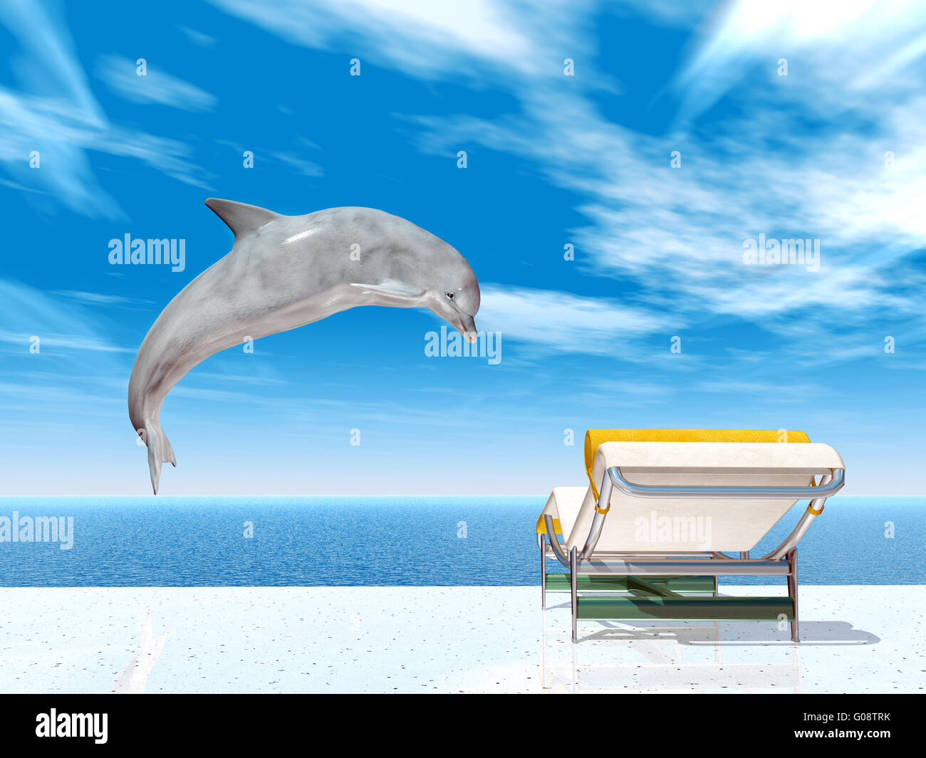 Jumping Dolphin and Deck Chair Stock Photo - Alamy