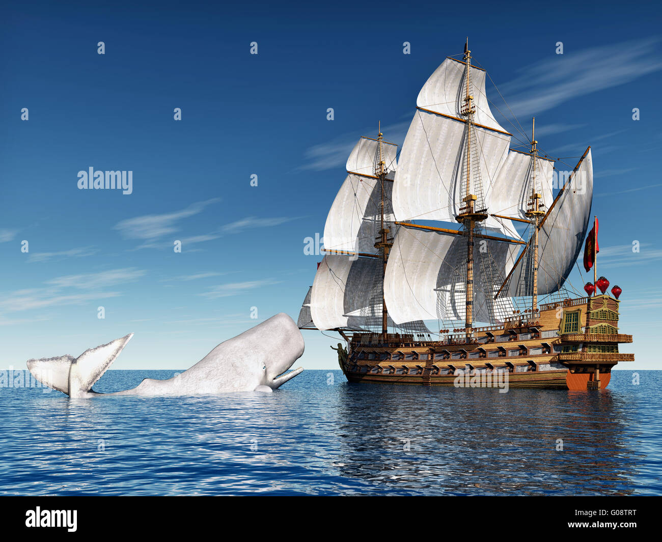 Sailing Ship with White Whale Stock Photo - Alamy