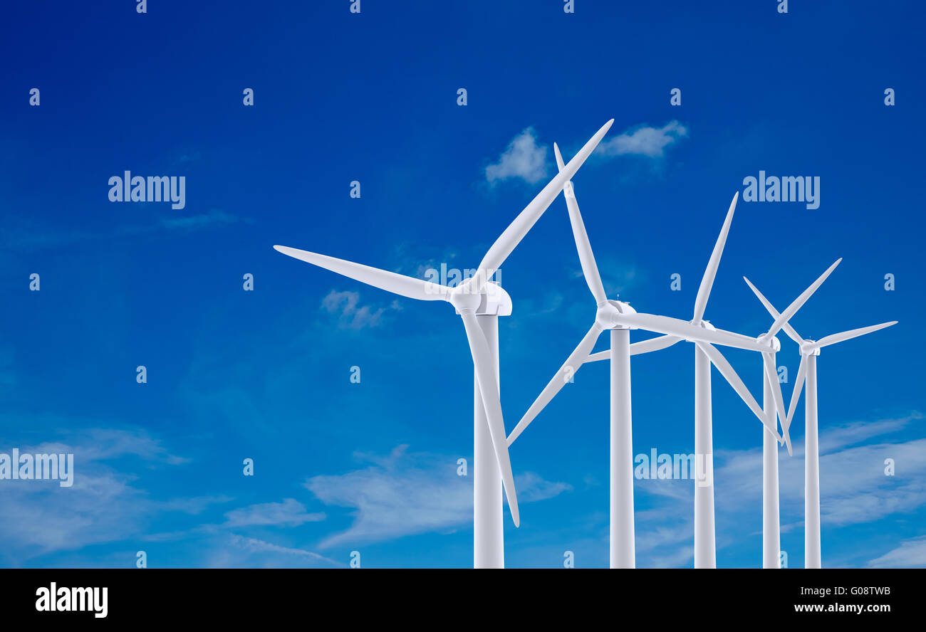 White wind turbine generating electricity on blue sky Stock Photo - Alamy