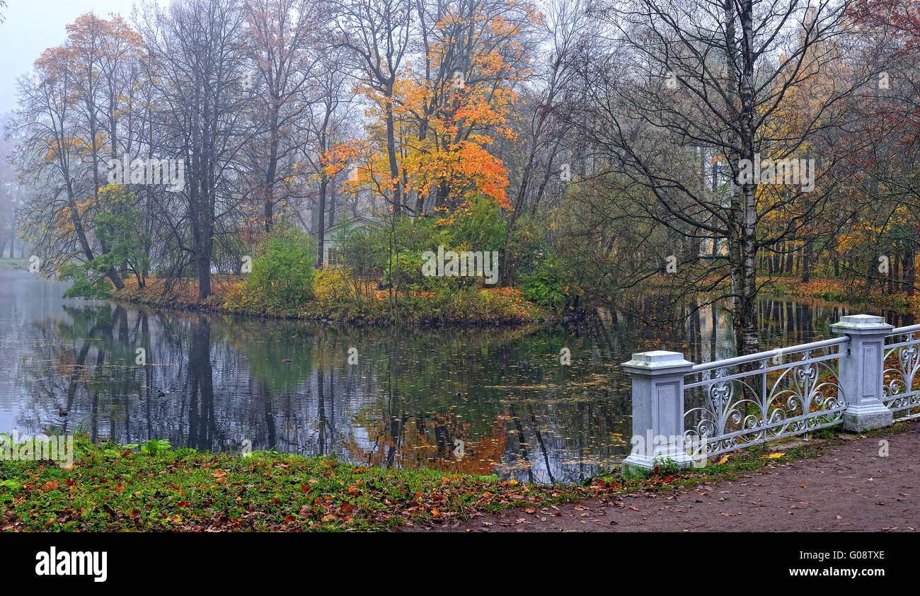 Autumn landscape with river and bridge in Catherine park, Pushkin Stock ...