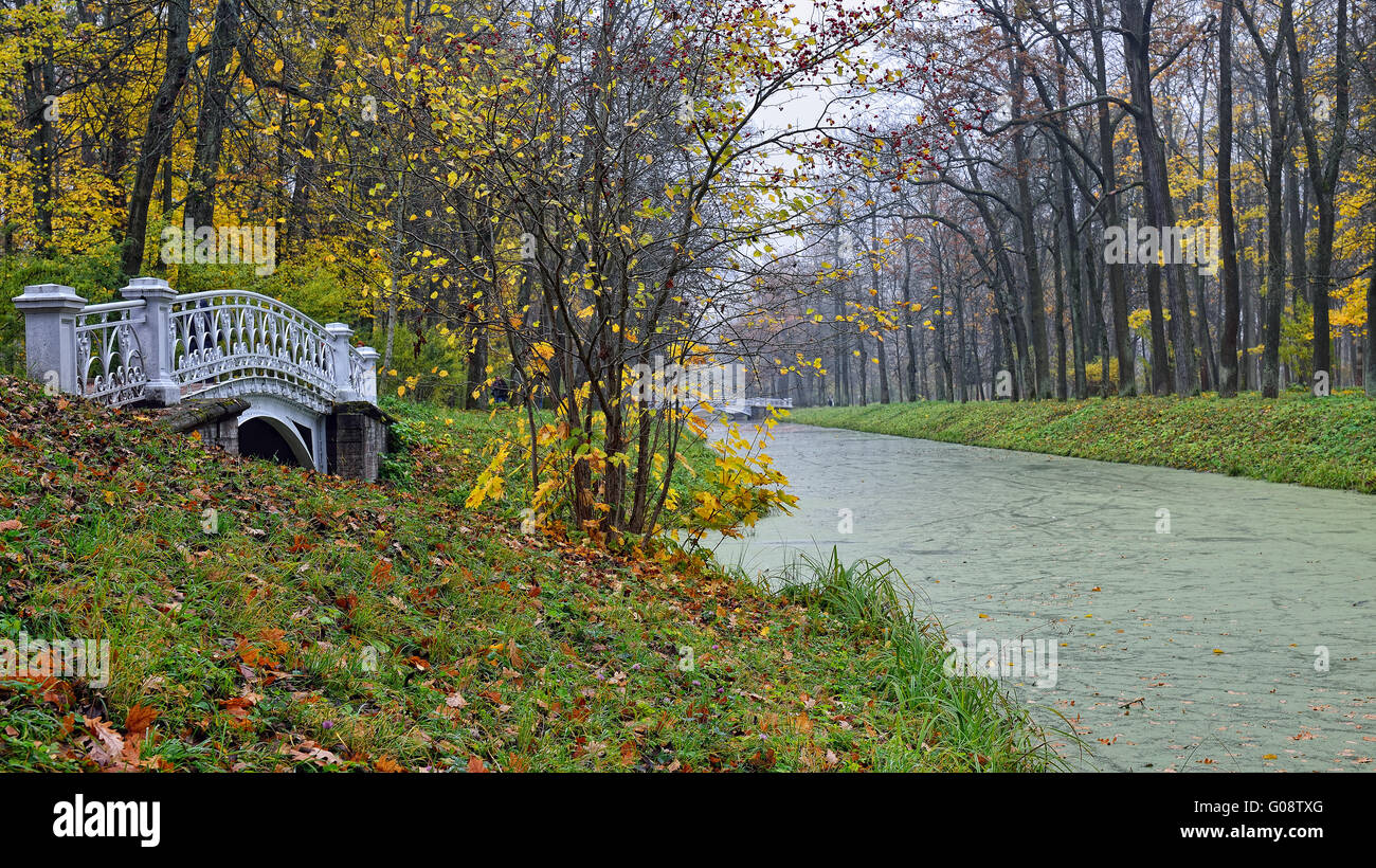 Autumn landscape with river and bridge in Catherine park, Pushkin Stock ...