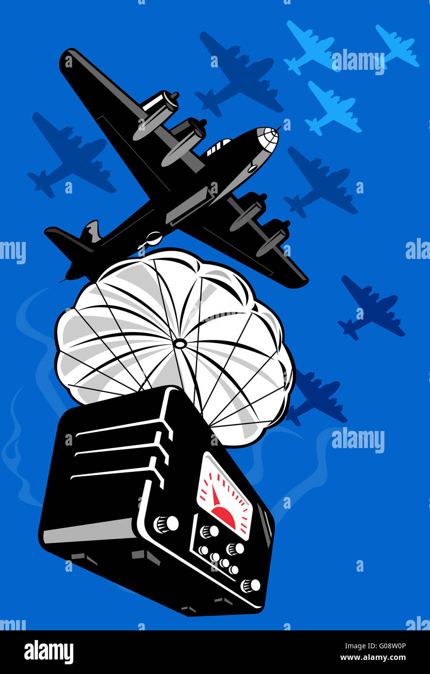 world war two bomber dropping vintage radio on parachute Stock Photo ...