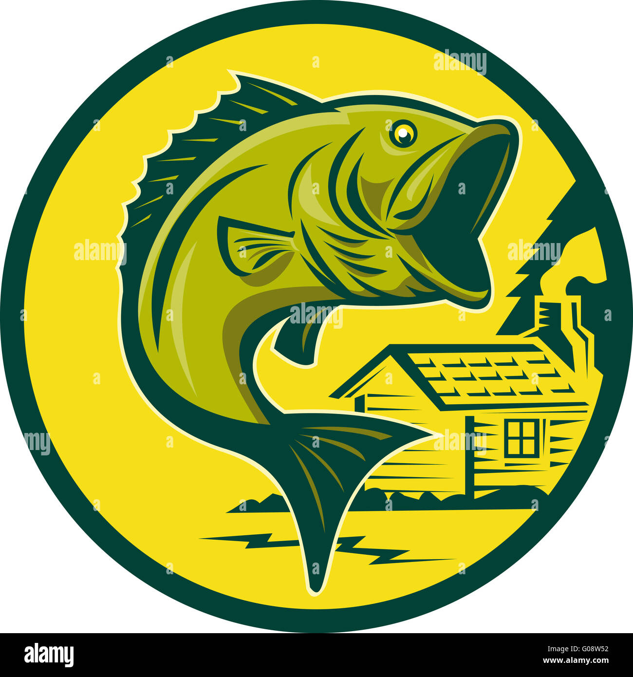 largemouth bass fish jumping log cabin dark green Stock Photo - Alamy