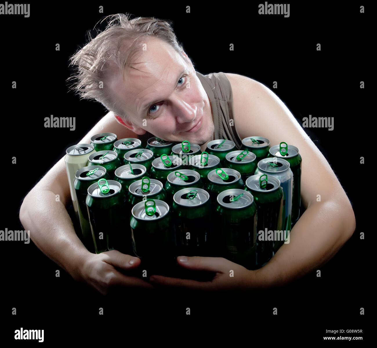 The drunk man and is a lot of empty beer cans Stock Photo - Alamy