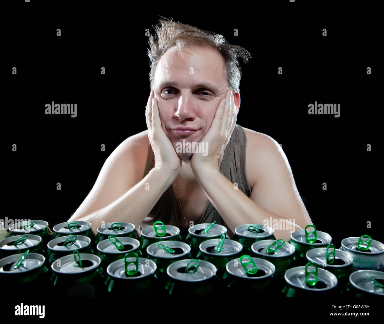 The drunk man and is a lot of empty beer cans Stock Photo - Alamy