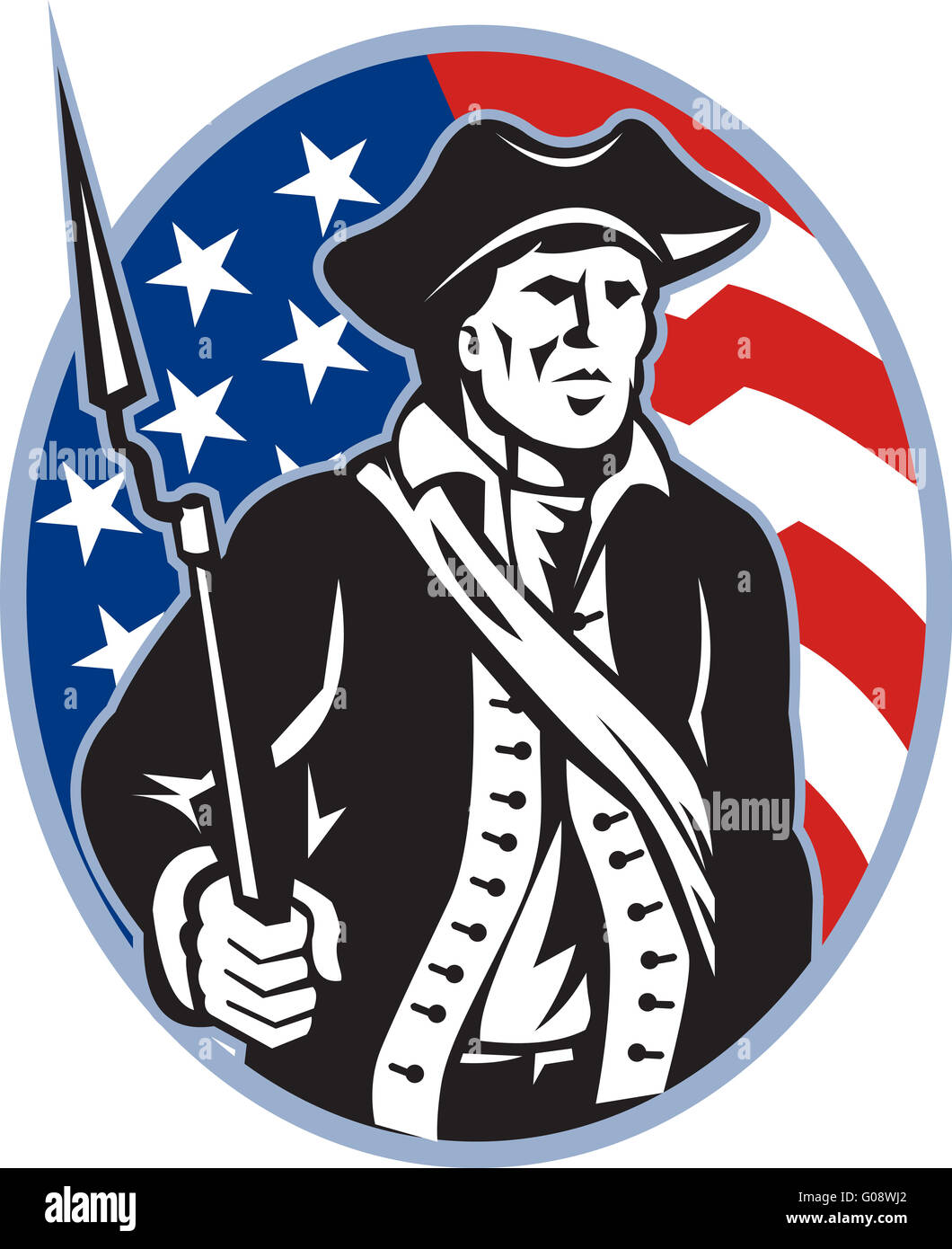 American Patriot Minuteman With Bayonet Rifle And Flag Stock Photo - Alamy