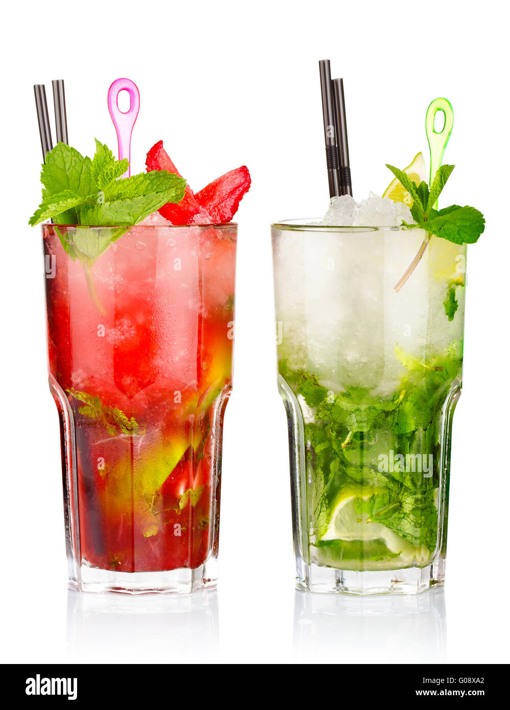 Two mojito cocktails with strawberry and lime fruits isolated Stock ...