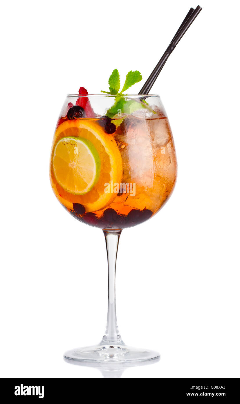 Alcohol cocktail with fresh mint and fruits mix isolated Stock Photo ...