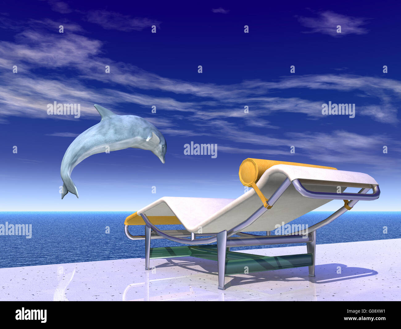 Jumping Dolphin and Deck Chair Stock Photo - Alamy