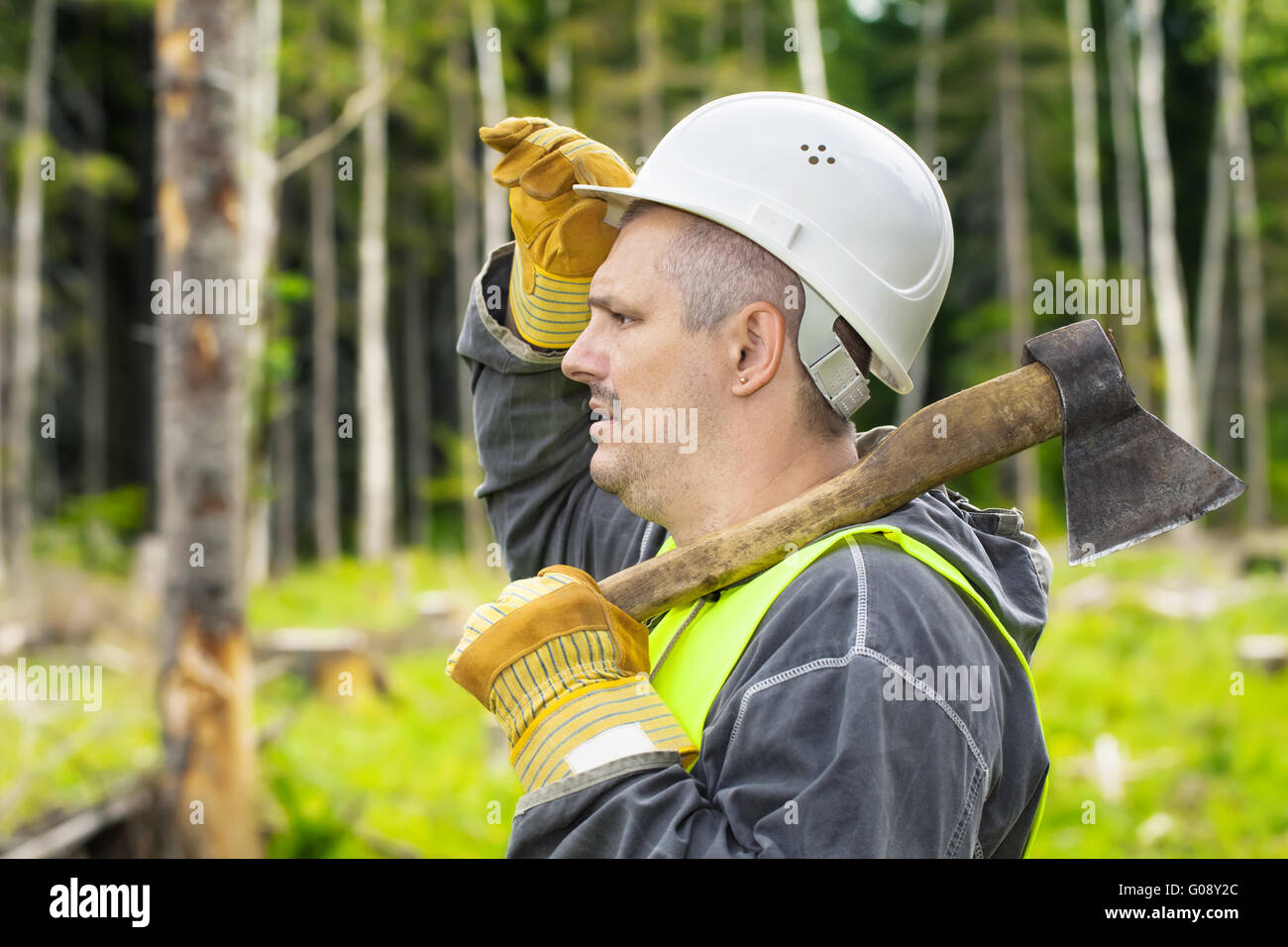 Lumberjack in the forest with an ax Stock Photo - Alamy