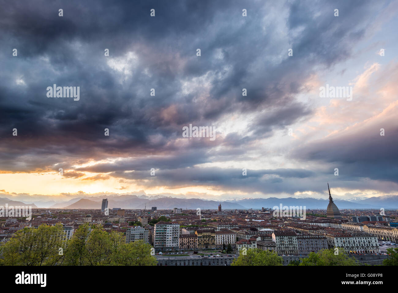 Sunset on Torino (Turin), former capital city of Italy. Panoramic ...
