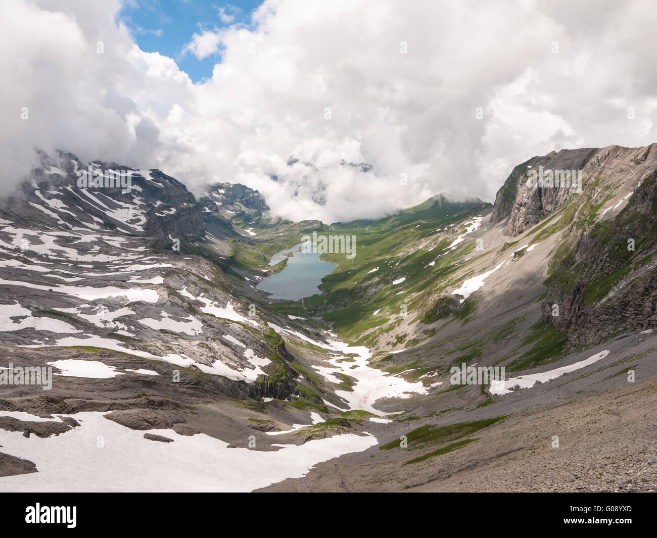 View of the Glattalpsee (lake) from mountains near Ortstock, Braunwald ...