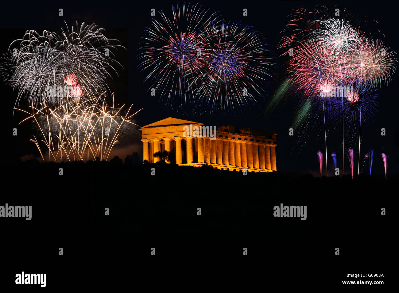 fireworks with greek Temple Stock Photo - Alamy
