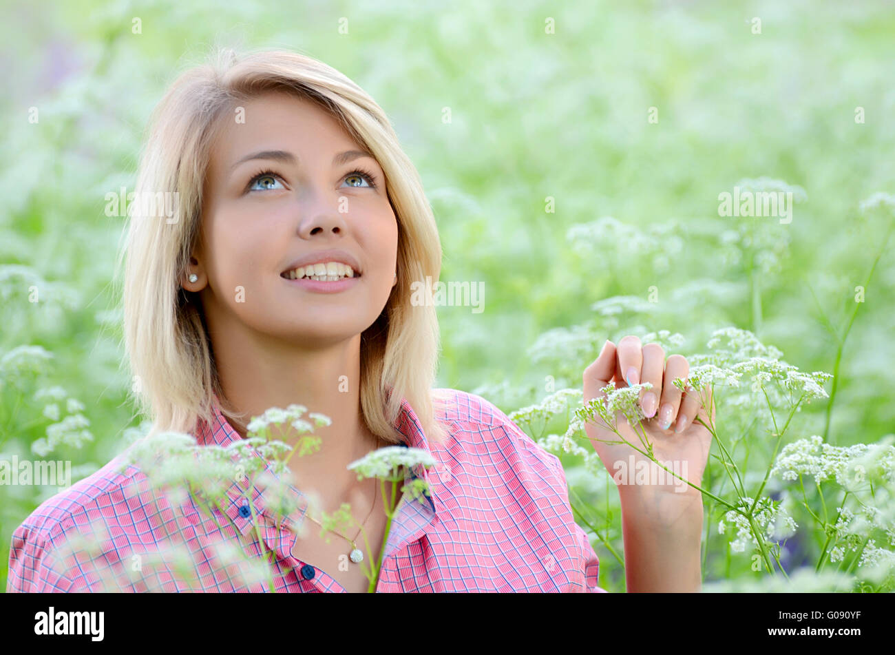 The beautiful woman in the field with flower Stock Photo - Alamy