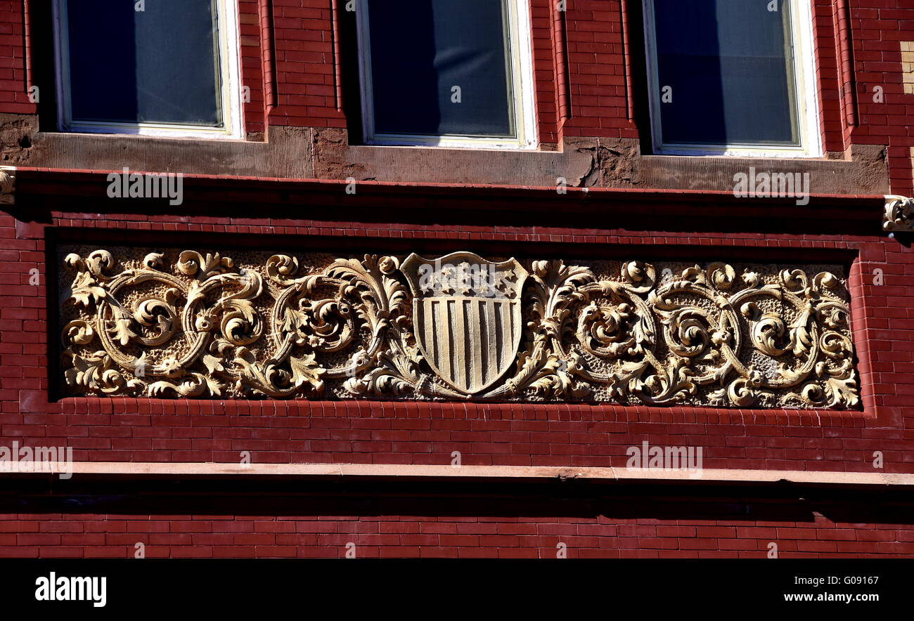 New Bern, North Carolina: Bas relief coat of arms and crest on the west ...