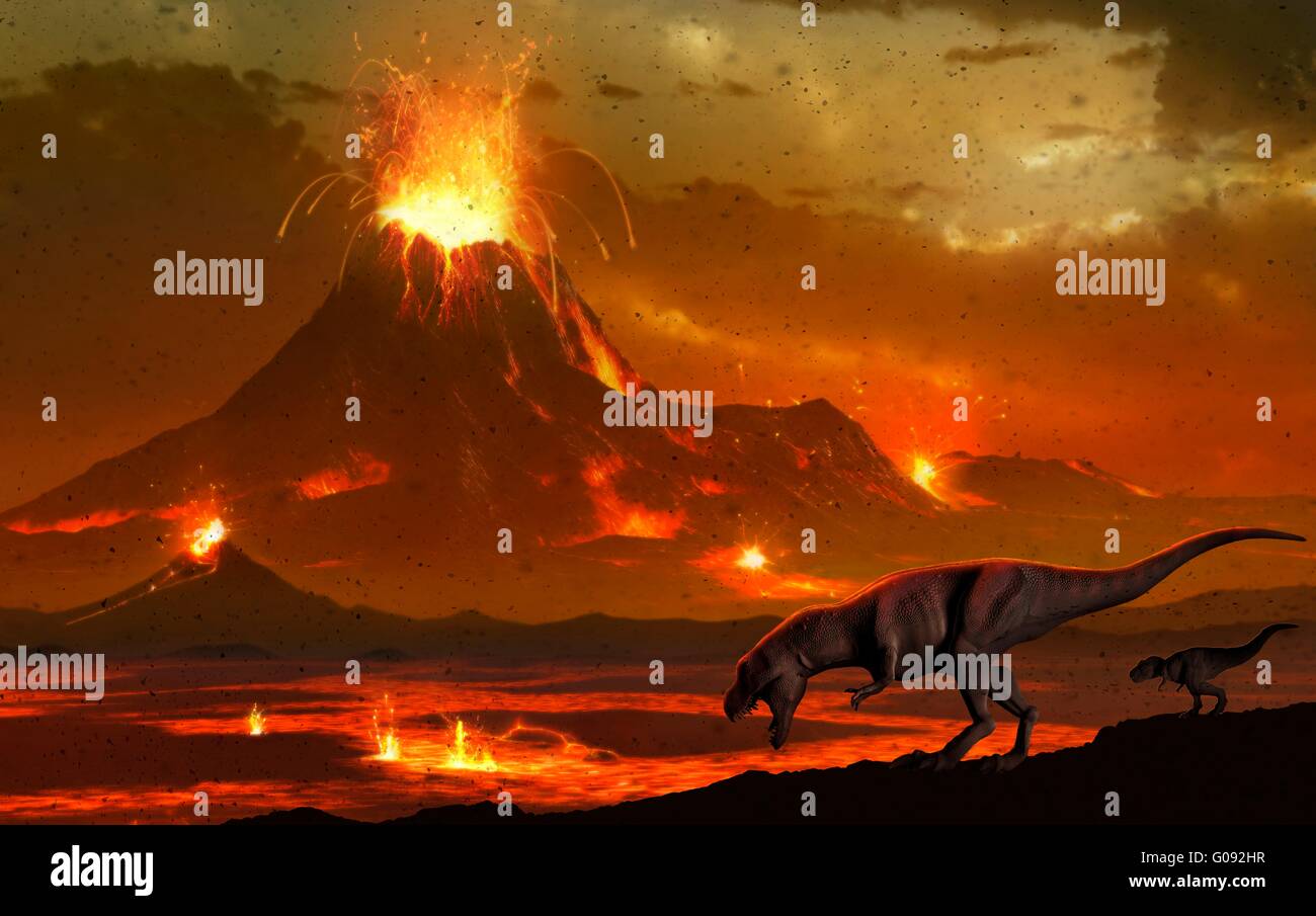 Artwork of a pair of tyrannosaur dinosaurs surveying a volcanic ...