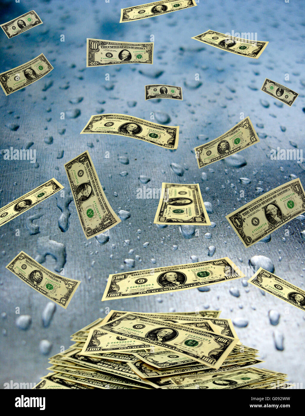 dollar banknotes lying on the wet glass with drops Stock Photo - Alamy