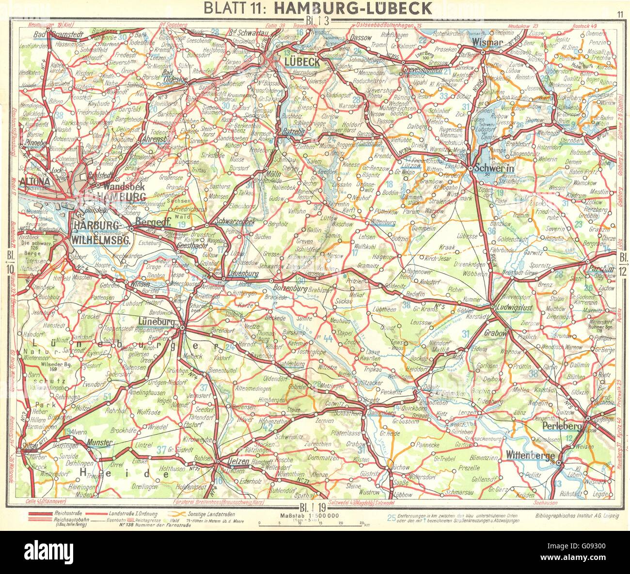 GERMANY: Hamburg-Lubeck, 1936 vintage map Stock Photo - Alamy