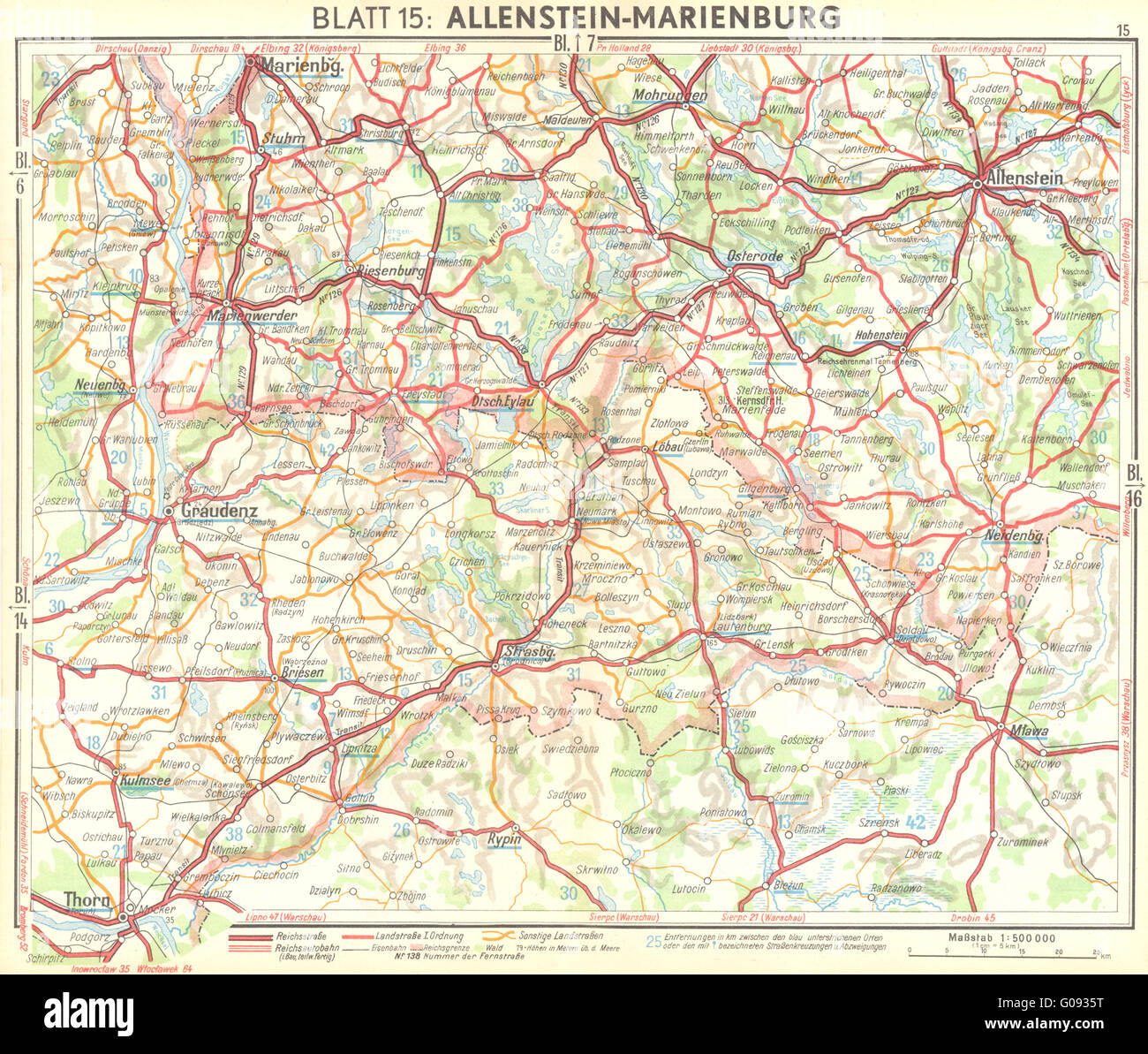 GERMANY: Allenstein-Marienburg, 1936 vintage map Stock Photo - Alamy