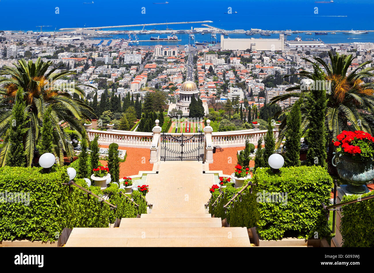 Beautiful Haifa view of Mediterranean Sea and Bahai Gardens Stock Photo ...