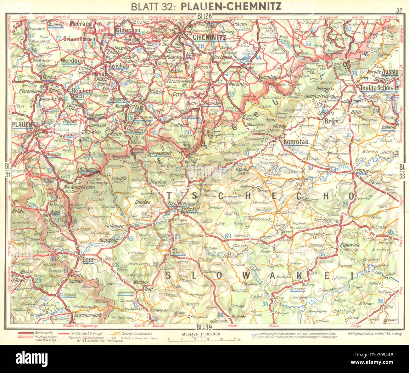 GERMANY: Plauen-Chemnitz, 1936 vintage map Stock Photo - Alamy