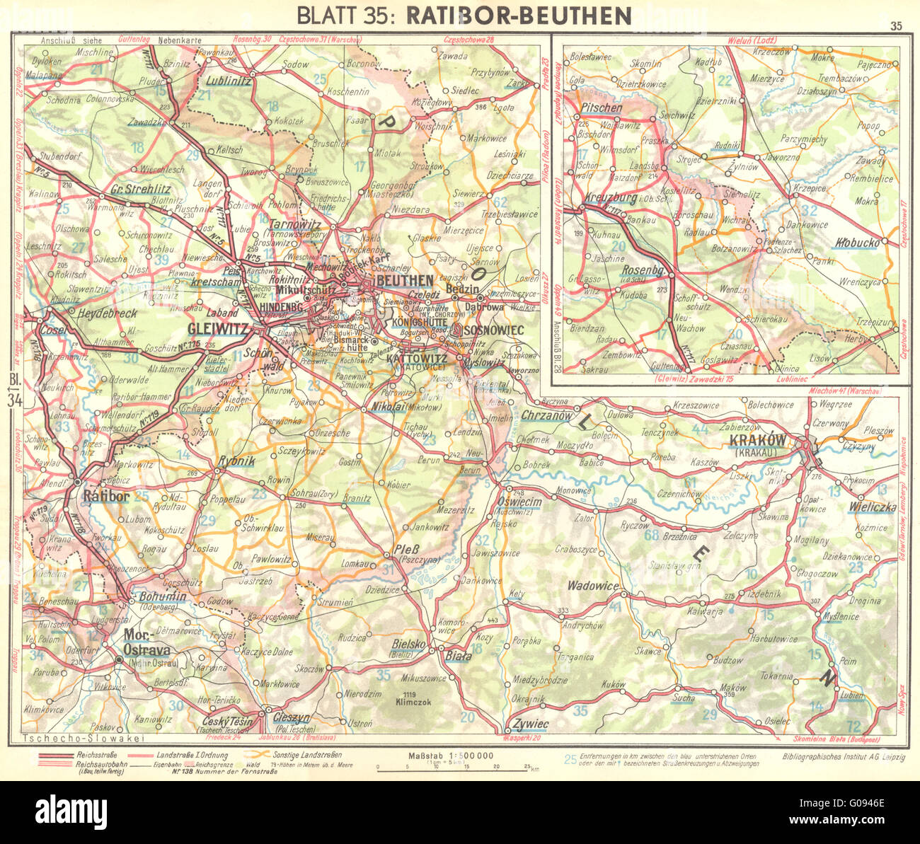 POLAND: Raciborz-Bytom, 1936 vintage map Stock Photo - Alamy