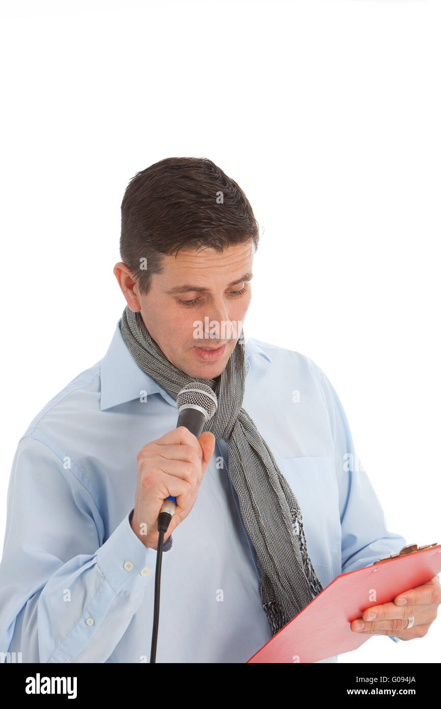 Chat show host or organiser using a microphone Stock Photo - Alamy