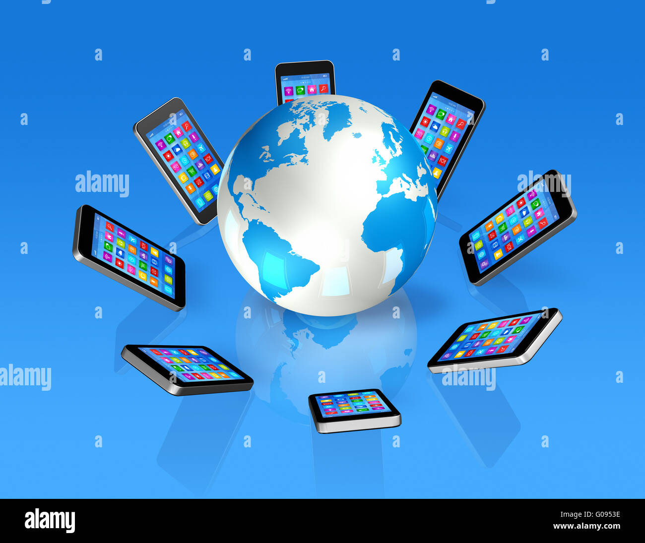 Smartphones Around World Globe, Global Communication Stock Photo - Alamy