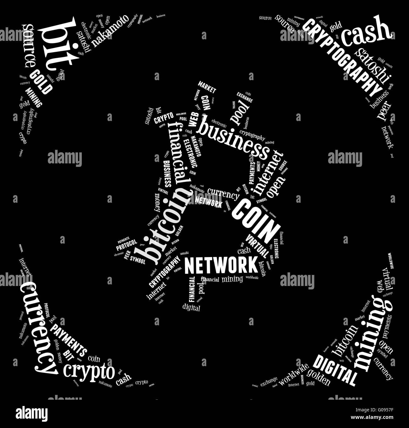 bitcoin logo word cloud with white wordings Stock Photo - Alamy