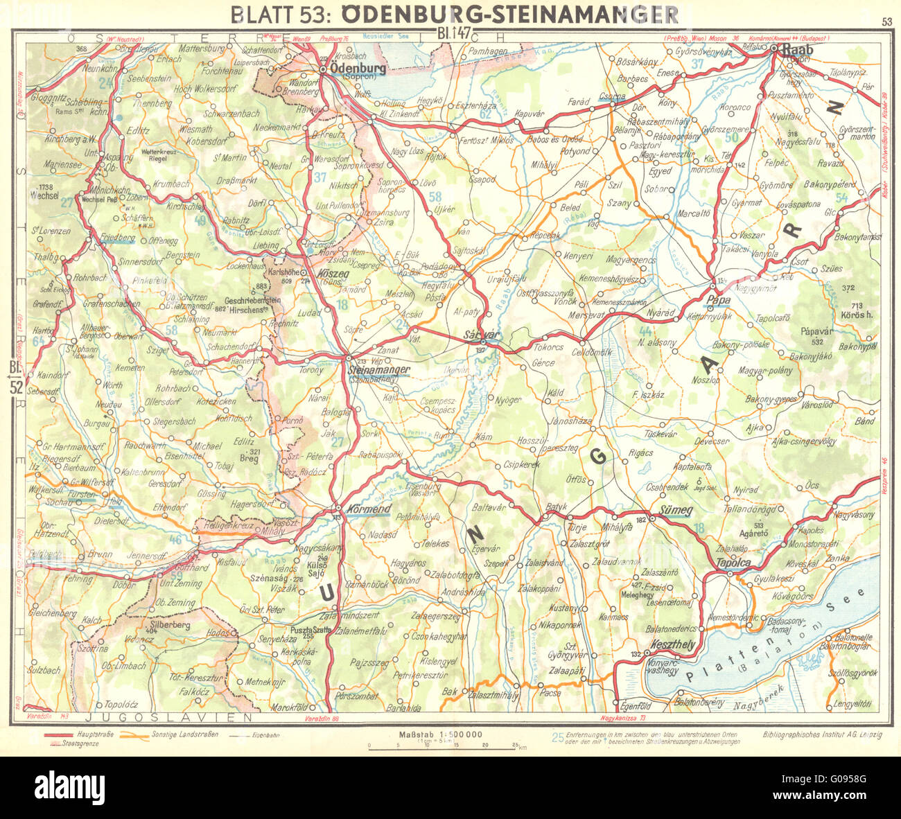 GERMANY: Odenburg-Steinamanger, 1936 vintage map Stock Photo - Alamy