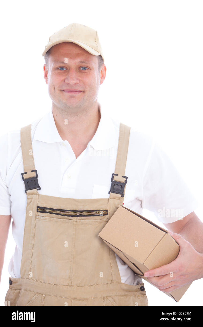 Friendly delivery man or workman with a package Stock Photo - Alamy