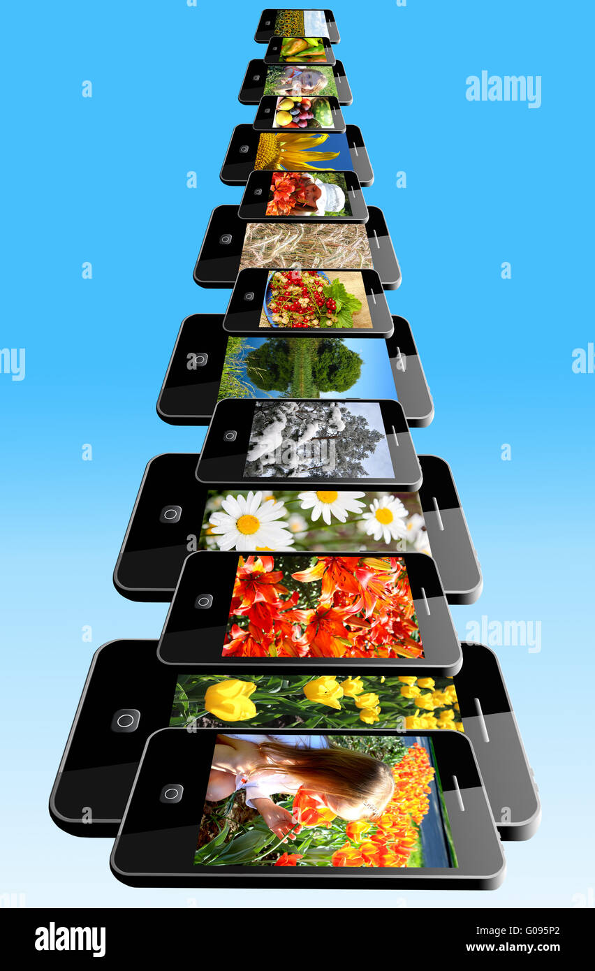 modern mobile phones with different images of text Stock Photo - Alamy