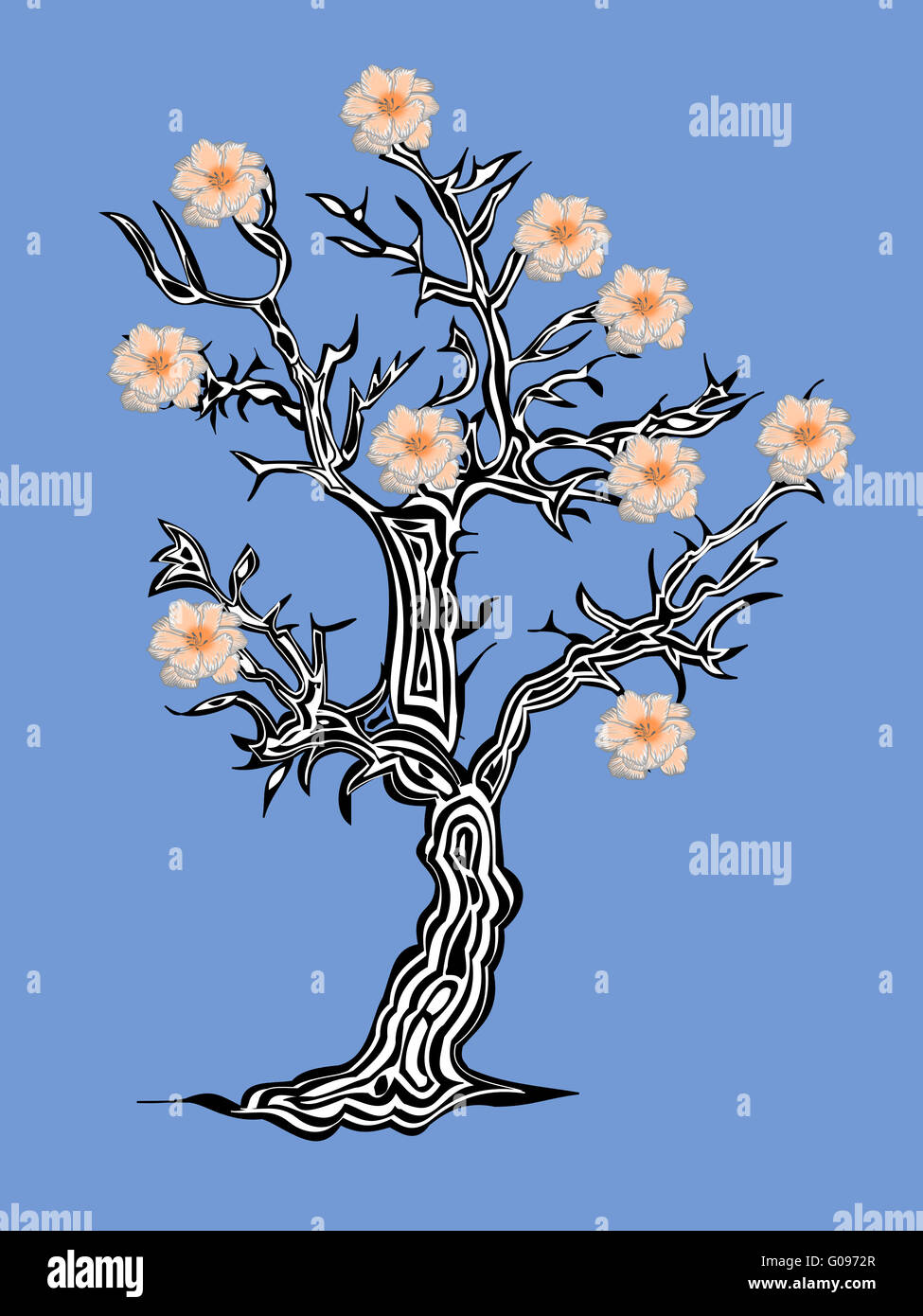 Fantastic tree with flowers on a blue background Stock Photo - Alamy