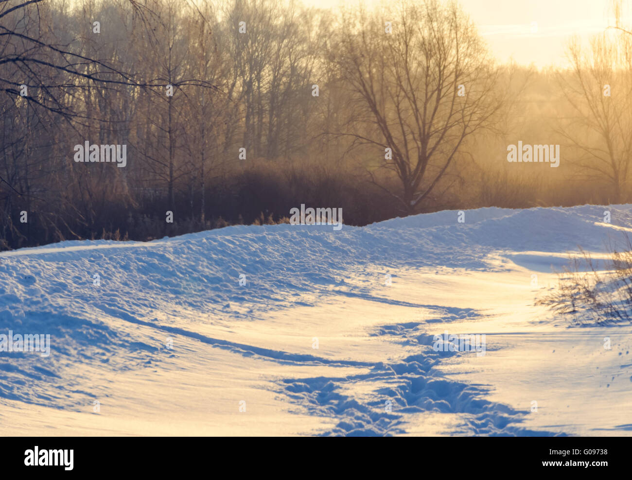 winter human footprints in the snow at sunrise Stock Photo - Alamy