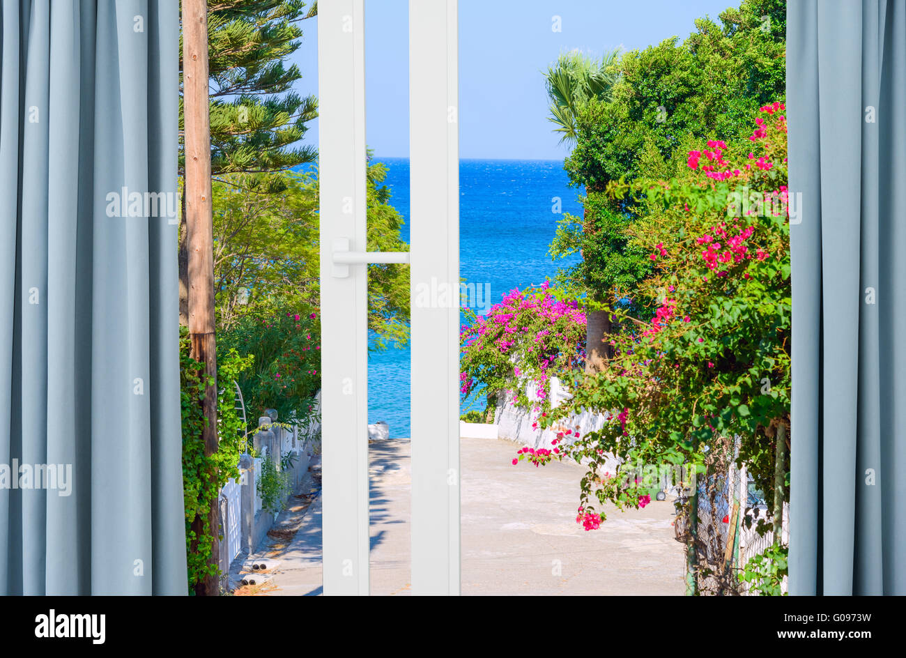 nature landscape with a view through a window with curtains Stock Photo ...