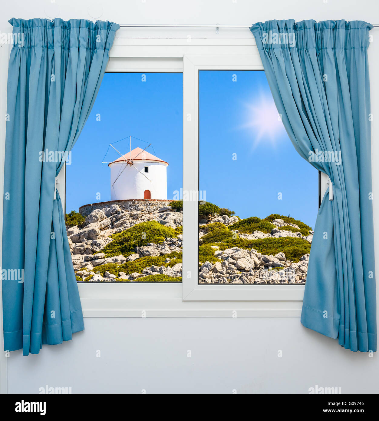 nature landscape with a view through a window with curtains Stock Photo ...