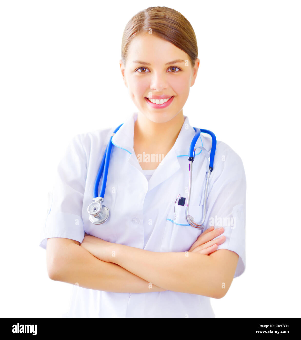 Portrait of a happy female doctor isolated on white Stock Photo - Alamy