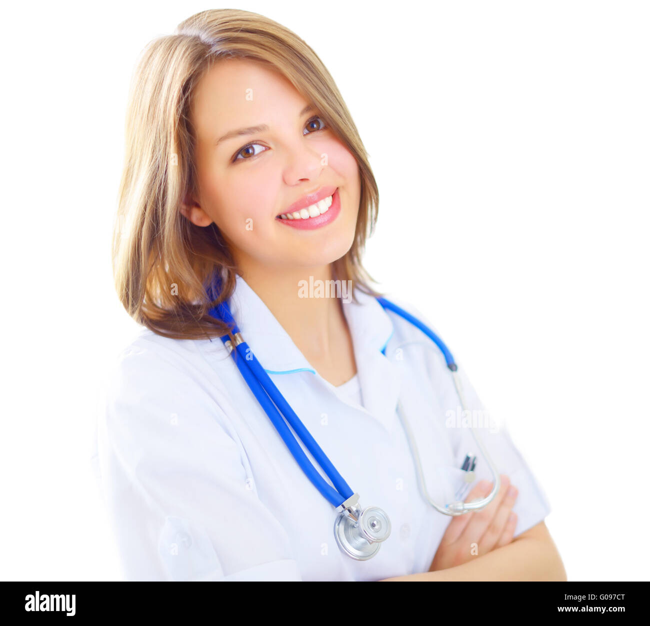 Portrait of a happy female doctor isolated on white Stock Photo - Alamy