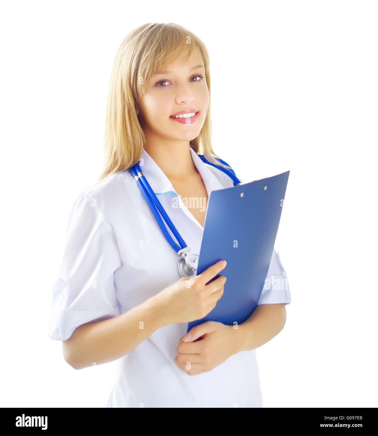 female doctor holding a notepad isolated on white Stock Photo - Alamy
