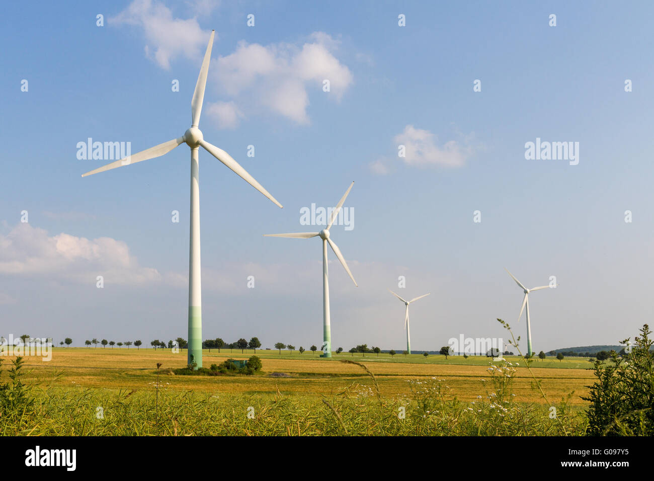 4 Wind engines with wild meadow and wheat field Stock Photo - Alamy