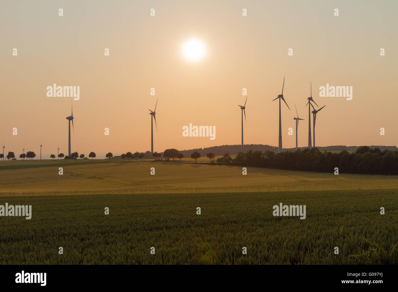 Wind engines in rural scene with setting sun Stock Photo - Alamy